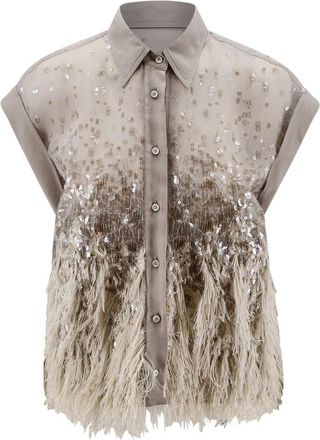 Brunello Cucinelli Femme, Blouses et Chemises, Beige, Taille: 40 FR Chemise en soie rehauss&eacute;e de sequins