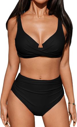 Cupshe Damen Bikini Set Wickeloptik Crossover Bügel Push Up High Waist Bikini Bademode Zweiteiliger Badeanzug Swimsuit Schwarz XL