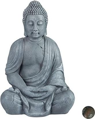 Relaxdays Buddha Figur sitzend, XL 70 cm, Gartenfigur, Dekofigur Wohnzimmer, wetterfest & frostsicher, hellgrau