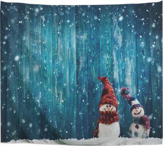 A.Monamour Wandteppiche Wanddekor Tuch Kleine Gestrickte Schneemann Paare Auf Weichem Schnee Auf Blauem Hintergrund Weihnachten Wandtuch Wandbehang Wandkunst Wan