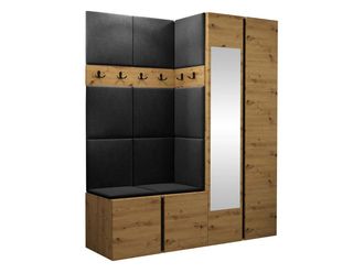 Mirjan24 Garderoben-Set Monati XII, Kleiderschrank mit Spiegel, Schuhschrank, 2X Kleiderhakenbrett, Gepolstertes Paneel/Wandpaneel, 6 Doppelhaken, Flurgarderob