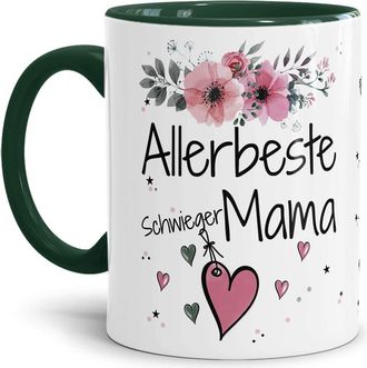 Tassendruck Tasse mit Spruch - Allerbeste Schwiegermama - Schöne Geschenkidee/zum Geburtstag für beste Freunde und Familie/Danke Tasse - Innen & Henkel Dunkelgrün