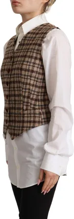 Dolce & Gabbana Womens Brown Checkered Leopard V-Neck Sleeveless Vest Top