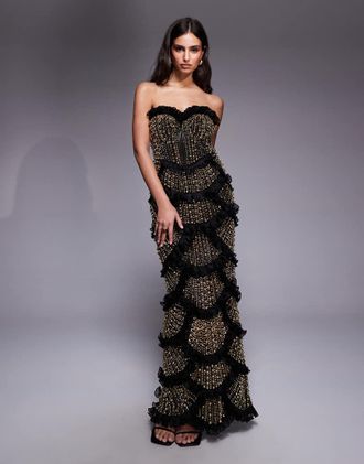 Asos Robe bandeau longue et orn&eacute;e de strass avec ourlet festonn&eacute; - Noir/dor&eacute;