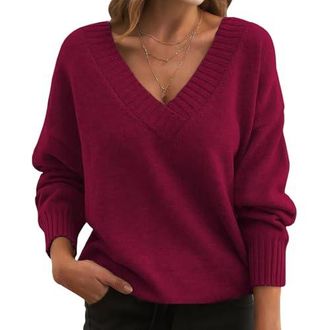 Generic Pull à col en V pour femme, couleur unie, décontracté, col en V, pull ample pour femme, tunique tricotée confortable pour lautomne, bordeaux, 5XL