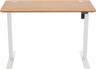 Amazon Basics Sitz-Steh-Schreibtisch, elektrisch h&ouml;henverstellbar, 120 x 60 cm, ergonomisch, mit einfacher Bedienung, Tischplatte aus Buchenholz, wei&szlig;er Rahmen