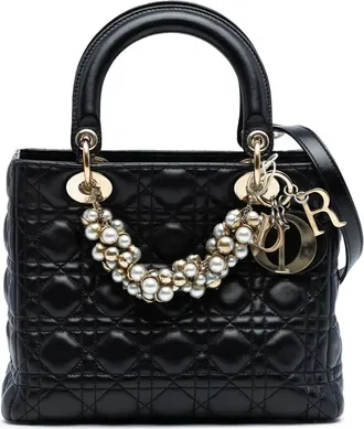 Dior 2010 mittelgroße Cannage Pear Lady Dior Satchel-Tasche aus Kalbsleder - Schwarz