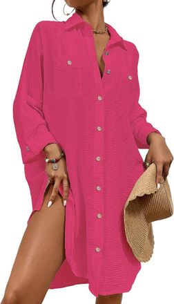 Bsubseach Sommer Strandkeid f&uuml;r Frauen Button Down Strand Shirt Kleid Badeanzug Cover Up V-Ausschnitt Strandponcho Bademode Resort Wear Rose Rot L