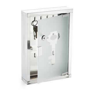 Relaxdays Schl&uuml;sselkasten abschlie&szlig;bar, Schl&uuml;sselschrank Wand, Glast&uuml;r, Schl&uuml;sselbox Edelstahl, HBT: 32x22x6 cm, Silber