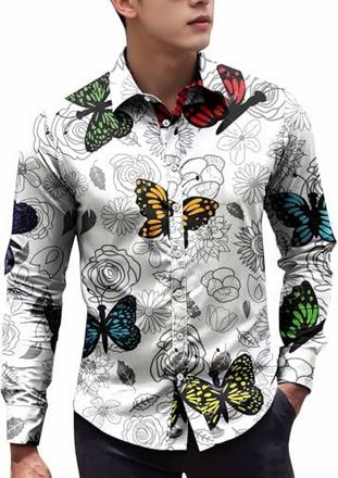 Generic Chemise &agrave; manches longues pour homme, coupe ajust&eacute;e, imprim&eacute; 3D, tendance, chemise daffaires, col &agrave; revers, chemise formelle, extensible dans les 4 se