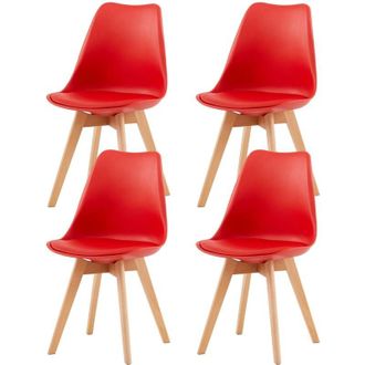 Eggree Lot de 4 Chaise de salle &agrave; manger, Cuisine R&eacute;tro Rembourr&eacute;e Chaise de Salle de Bureau, Pieds en Bois de H&ecirc;tre Massif--Rouge