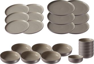 Ritzenhoff & Breker Jasper Teller & Schalen Set 24-teilig, Taupe, Tafelservice aus Steinzeug, Geschirr mit Soft-Touch-Haptik & farbiger Mattglasur