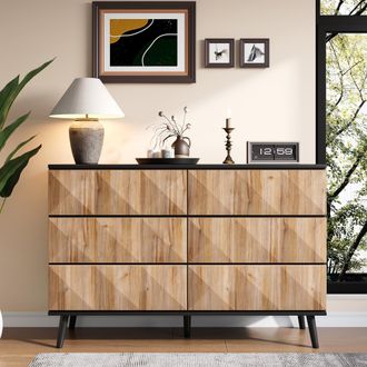 Generic Kommode mit 6 Schubladen Sideboard Geometrischen Strukturen Beistellschränken für Wohnzimmer Esszimmer Küche Schlafzimmer Kabinett Stauschrank Holzfar