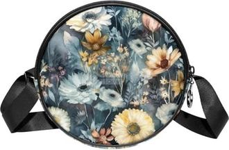 Generic Petit sac &agrave; bandouli&egrave;re circulaire pour femme, motif feuilles florales, sac &agrave; dos avec fermeture &eacute;clair, bretelles r&eacute;glables, sac &agrave; main rond d&eacute;contra