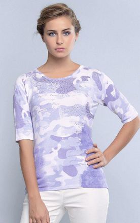 Passioni Kurzarmpullover in lila-blau mit Glitzersteinen
