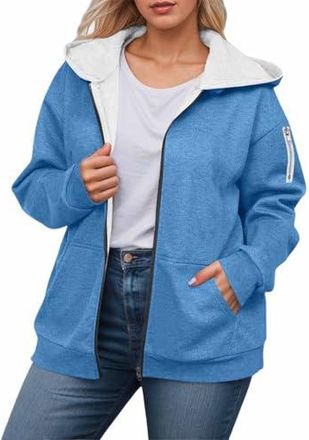 Generic 2026 Vestes &agrave; capuche &agrave; fermeture &eacute;clair pour femme - Manches longues - Veste l&eacute;g&egrave;re d&eacute;contract&eacute;e 2025, bleu, 4XL
