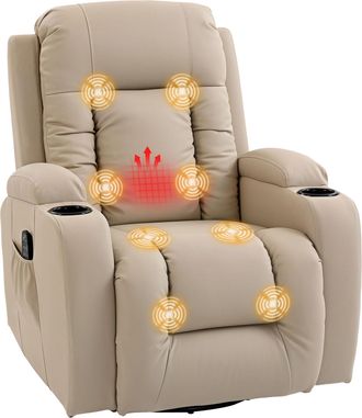 HOMCOM Relaxsessel verstellbar Massagesessel mit Liegefunktion, Heizung, Drehbar Fernsehsessel mit Wippfunktion, Becherhalter, Seitentasche, Timer, Kunstlede