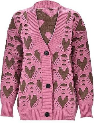 Generic 2026 Vestes pour femmes, style paresseux, couleur contrast&eacute;e, coeur creux, col en V, cardigan tricot&eacute;, rose, Taille unique