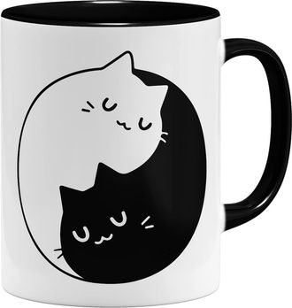 OM3 Tasse mit Katzen-Motiv Yin and Yang Cats | Keramik Becher | 11oz 325ml | Beidseitig Bedruckt | Schwarz