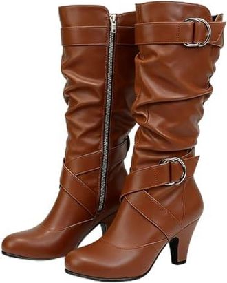 Generic Bottes Femmes en Cuir &Eacute;l&eacute;gant Bottes Hautes Talons Hauts Bout Rond Boucle Semelle Antid&eacute;rapante Fermeture &Eacute;clair Tendances Boots Chaussures Femme L&eacute;g&egrave;