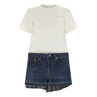 sacai Robe mini en jersey de coton et soie m&eacute;lang&eacute;s et en denim avec effet cape pliss&eacute; - Femme - Robes - Multicolore - Taille: 38 FR