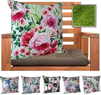 Heimtexland Outdoorkissen Dekokissen Schmutz- und Wasserabweisend Landhaus Garten Outdoor Kissen Rosen Pink Grün Typ675