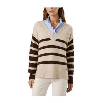 Pepe Jeans London Gestreifter V-Ausschnitt Strickpullover - - Knitwear - Damen - Beige - XS