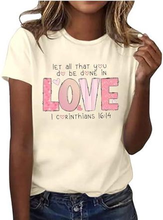 Generic T-shirt d&eacute;contract&eacute; &agrave; manches courtes et col rond imprim&eacute; coeur pour femme 2026 Saint-Valentin (2), beige, XXL