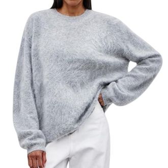 Generic Chandail à fourrure décontracté à manches longues pour femme, léger et pelucheux - Chandail confortable à col rond en polaire douce, gris, S