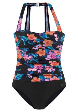 Lascana Damen Badeanzug hübsches Blütendesign mit unifarbenem Slip, Shaping-Einsatz, integrierte Softcups, Moderne Passform, weiche, elastische Qualität