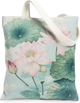 Generic Sac fourre-tout en toile motif n&eacute;nuphar printanier 33 x 38,1 cm, sac d&eacute;picerie r&eacute;utilisable &agrave; motif floral japonais aquarelle pour femme, peinture est