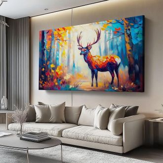 Generic Bild auf Leinwa 150L x50B cm Modern Bild auf Vlies Leinwand Tier: Hirsch, Wald Deko Geschenk Wohnzimmer Schlafzimmer Wandbild Farbe