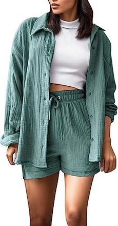 Generic Ensemble 2 pi&egrave;ces pour femme - Tenue de plage assortie - Chemise deux pi&egrave;ces &agrave; manches longues et short &agrave; cordon de serrage - Surv&ecirc;tement d&eacute;t&eacute; 2026 as