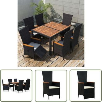 vidaXL The Living Store 7-tlg. Garten-Essgruppe Poly Rattan Akazienholz Schwarz - Gartenm&ouml;bel - Essgruppen - Outdoor M&ouml;bel - Rattan Gartenm&ouml;bel - Hochlehner