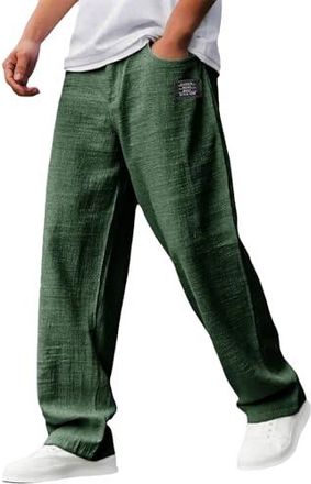 Generic Pantalon en lin pour homme avec cordon de serrage - L&eacute;ger - Pantalon de loisirs - Couleur unie - Pantalon long pour homme - Pantalon de plage - Vacanc