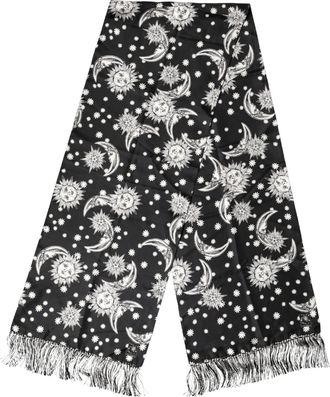 Dolce & Gabbana Mens Black Silk Sun Moon Star Fringe Foulard 178cm X 33cm Scarf And White