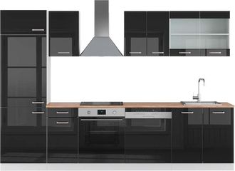 Vicco Küchenzeile R-Line, Küchenblock, Schwarz Hochglanz/Weiß, 300 cm, AP Eiche