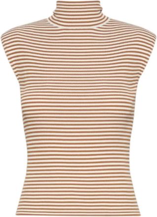 Max Mara Dolcevita Sans Manches &agrave; Rayures - Femme - Pulls - Beige - Taille: 38 FR