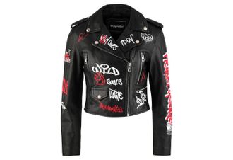 Trueprodigy Lederjacke Noka Graffitiprint, Rei&szlig;verschluss und Reverskragen