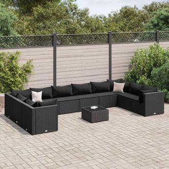 vidaXL 11-tlg. Garten-Lounge-Set mit Kissen Schwarz Poly Rattan Vidaxl