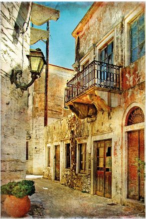 Wallario selbstklebendes Poster - Gasse im Süden, Urlaub in Griechenland, Aufkleber in Premiumqualität, Klebefolie Größe: 100 x 150 cm XXL-Poster