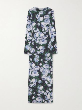 Stella McCartney Maxikleid Aus Stretch-mesh Mit Blumenprint - Blau