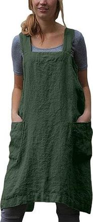 ORANDESIGNE Tablier à Bavette en Lin Robe Mi-Longue Femmes sans Manches Couleur Unie Croisé Licou Tablier Mini Robes Lâche Longue Chemise Débardeurs avec Poches T