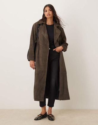 Asos Trench-coat de qualité supérieure en daim - Olive foncé-Vert