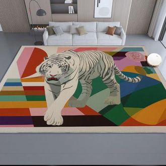 Generic Tapis Salon Lavable en Machine 160 x 230 cm - Poil Court Doux et R&eacute;sistant Fantaisie Illustration Tigre G&eacute;om&eacute;trie Imprim&eacute; Tapis pour Salon Chambre Cui