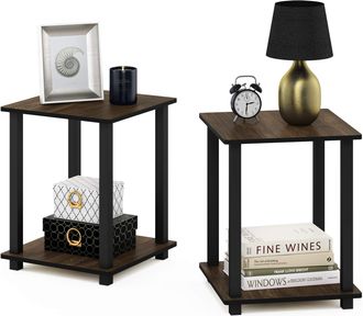 Furinno Simplistic Sofatisch, Couchtisch, Beistelltisch, mit 2 Ebenen, 2-er Set, Columbia-Walnuss/Schwarz