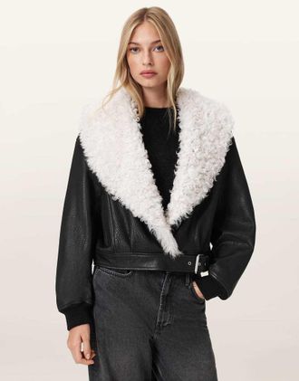 AllSaints Libra - Veste en shearling - Noir/blanc cass&eacute;-Multicolore