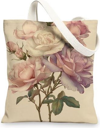Generic Sacs fourre-tout en toile à motif floral rose, sacs dépicerie réutilisables, légers et lavables avec bandoulière, pêche, 13x15 Inch