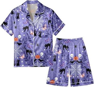 Generic Ensemble de pyjama &agrave; manches courtes et boutons pour homme Halloween 2025, violet, 3XL