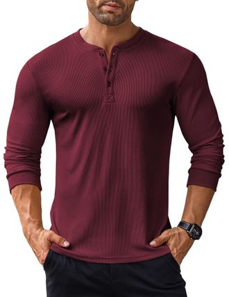 Coofandy Herren Langarmshirt Henley Shirt Langarm Long Sleeve Tshirt mit Knopfleiste Longsleeve Shirt Langarm Shirts Gerippt Henley Pullover Kastanienrot XL